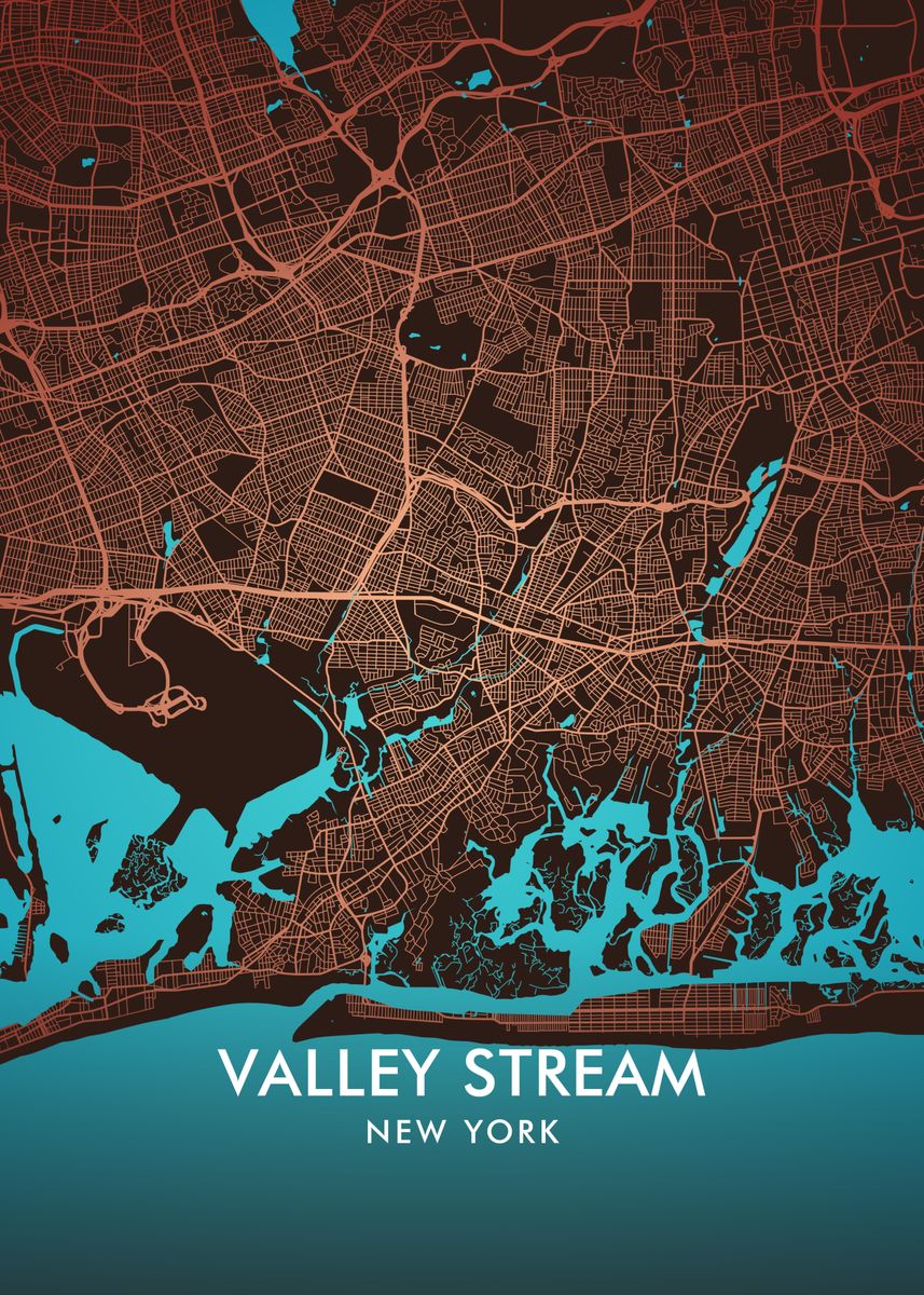 'Valley Stream, New York Map' Poster, picture, metal print, paint by ...