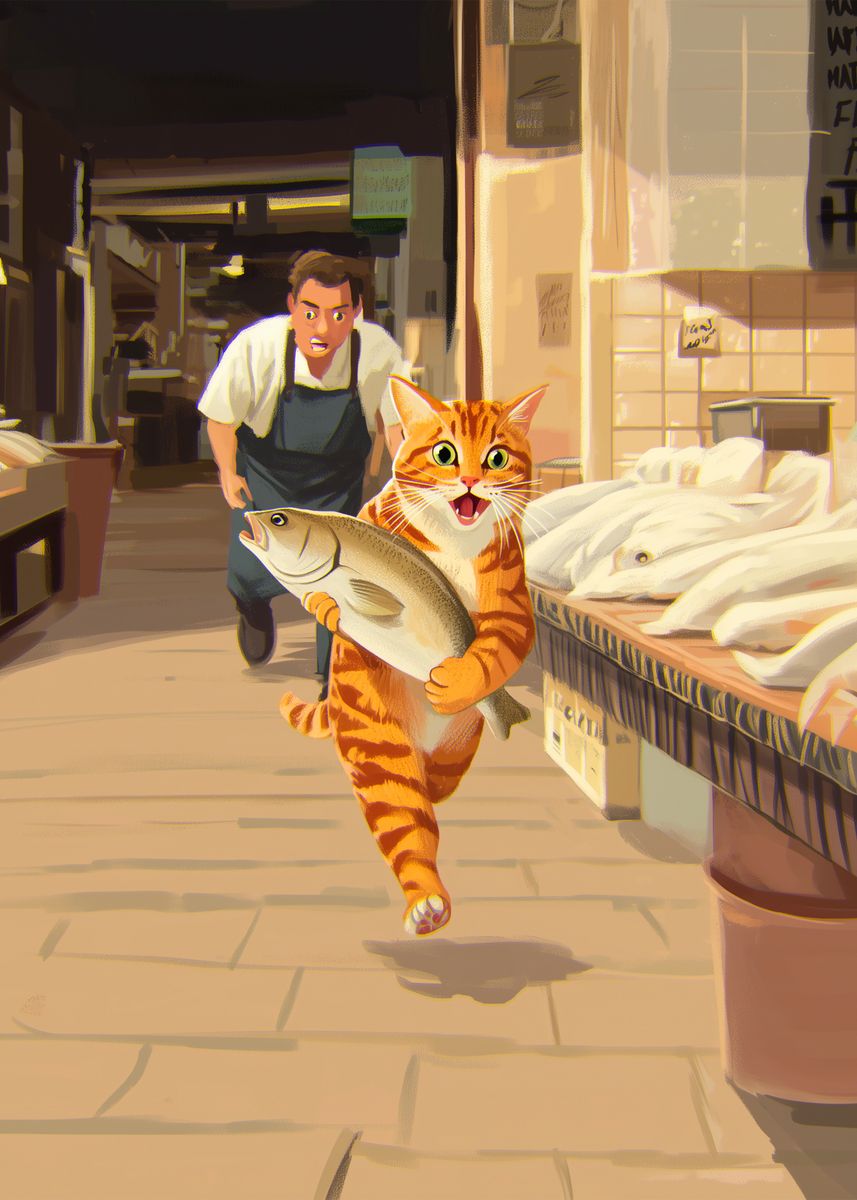 'Cat Steals Fish' Poster, picture, metal print, paint by ViralAiFun ...
