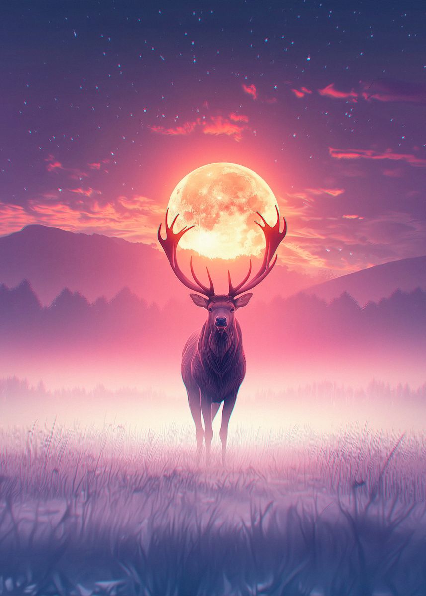 'Stag Under Full Moon' Poster, picture, metal print, paint by ...