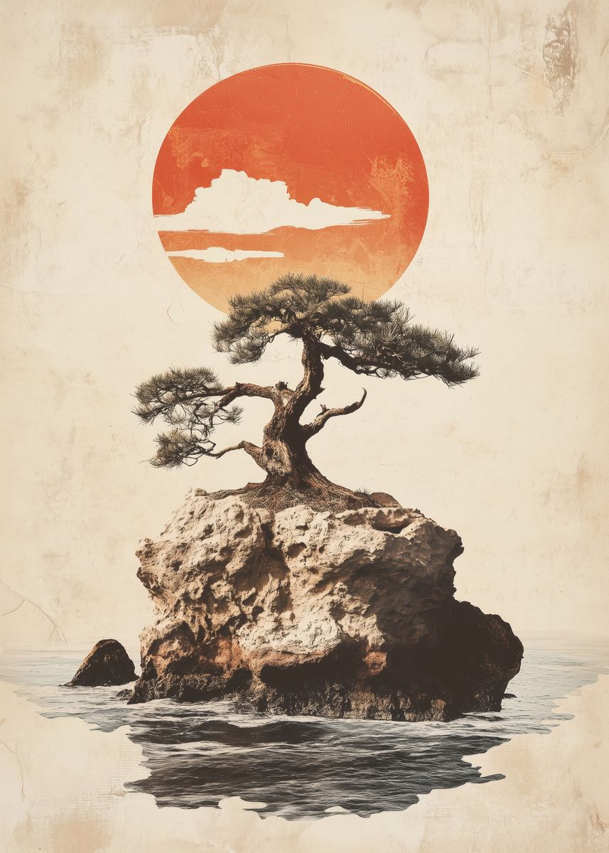 'Japanese Bonsai Tree Sunset' Poster, picture, metal print, paint by ...