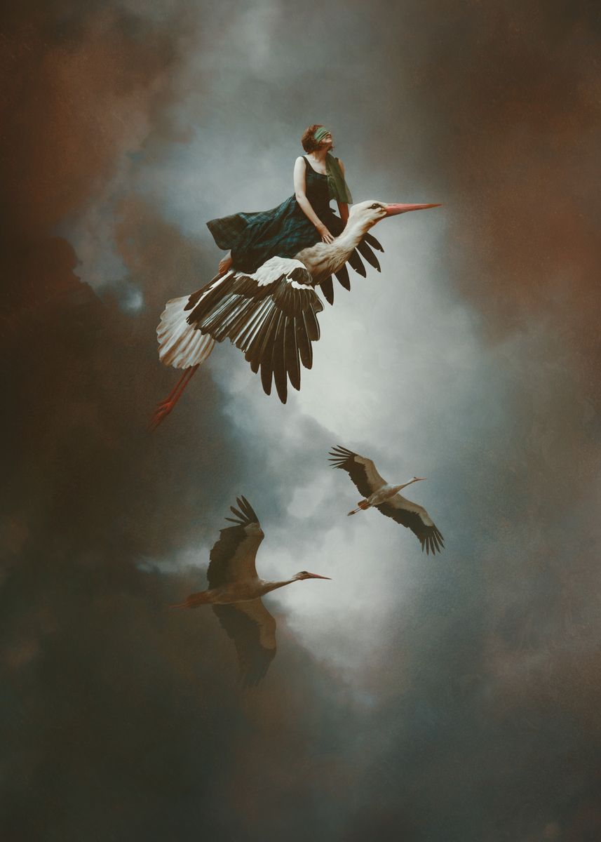 ''Flight of Faith' Woman Blindfolded Flying on White Stork' Poster ...