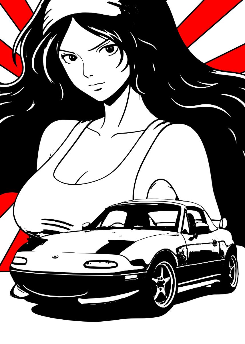 'Anime Girl and Mazda Miata' Poster, picture, metal print, paint by ...
