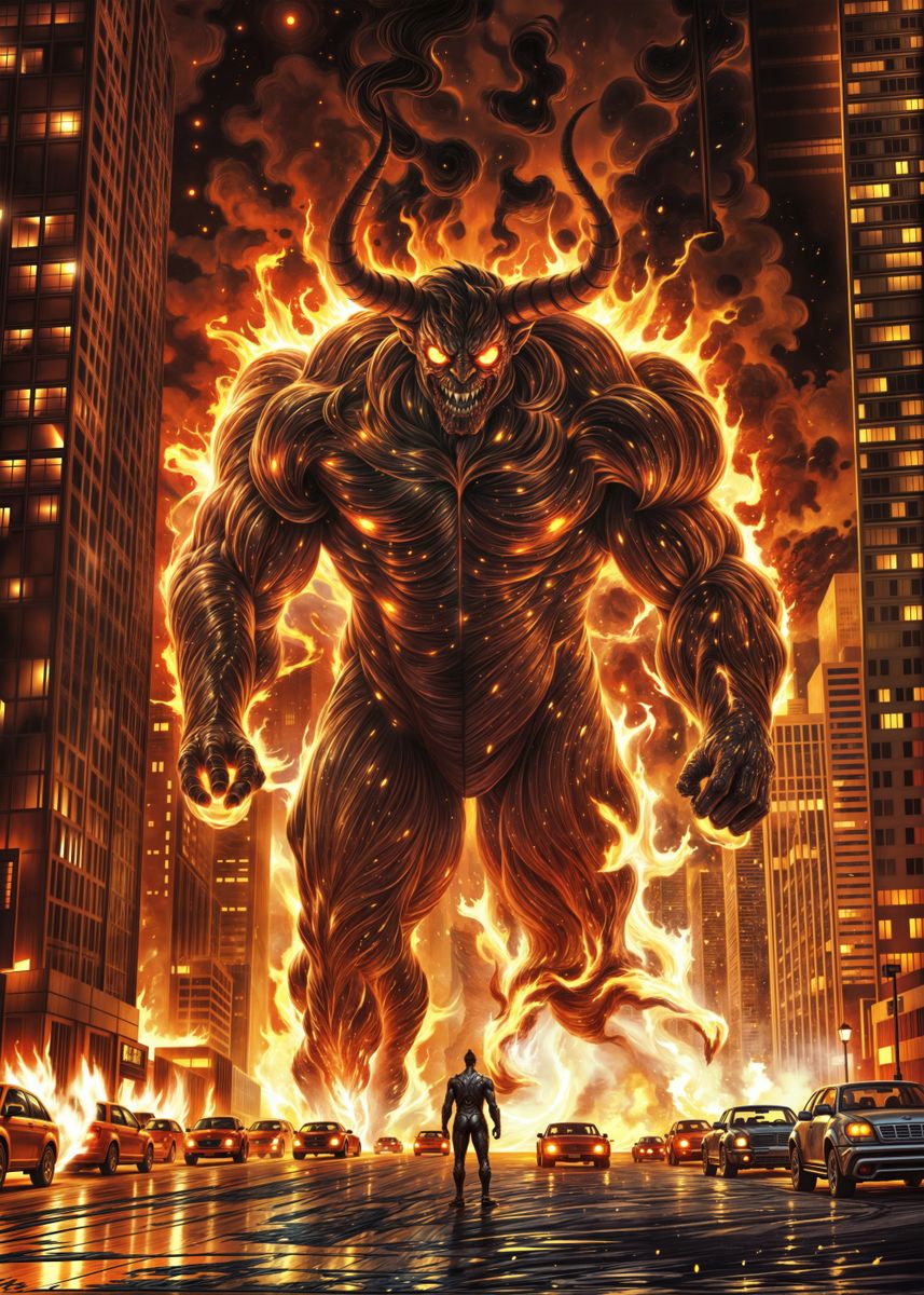 'Super Hero vs. Fire Demon' Poster, picture, metal print, paint by Wall ...
