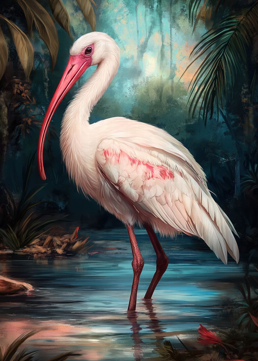 'White Ibis in Tropical Lagoon' Poster, picture, metal print, paint by Rawbin | Displate