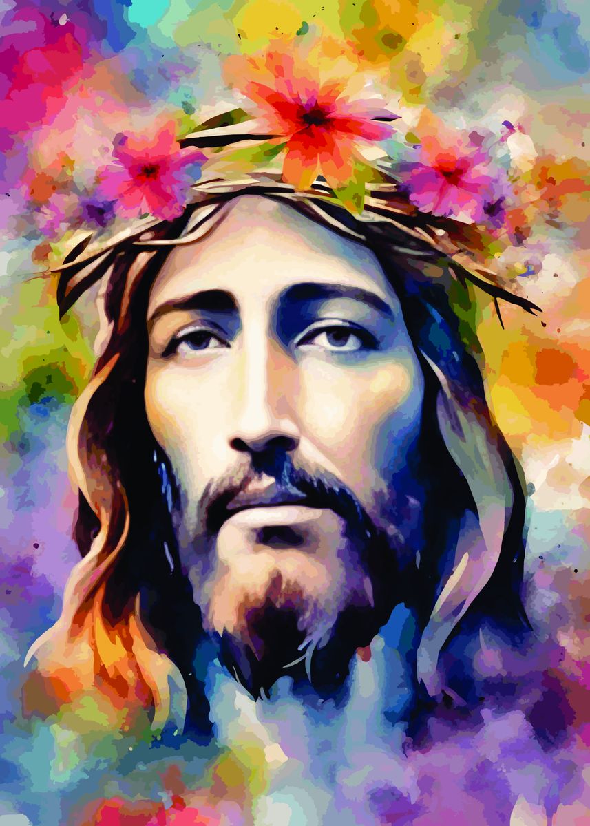 'Jesus Christ With Flowers Watercolor Portrait' Poster, picture, metal ...