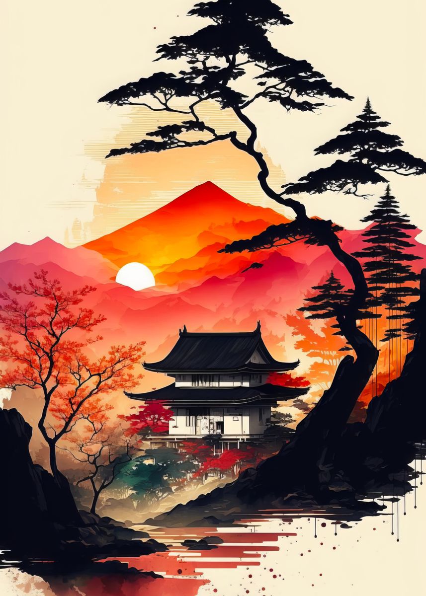 'Japanese Temple Sunset' Poster, picture, metal print, paint by Adames ...