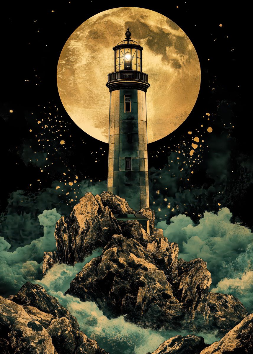 'Lighthouse Under Full Moon' Poster, picture, metal print, paint by BS ...