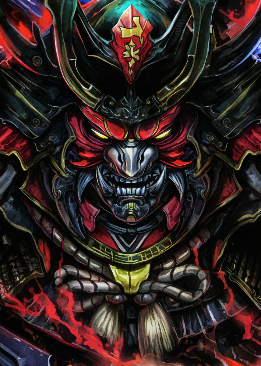 'Crimson Samurai Oni Mask' Poster, picture, metal print, paint by ...
