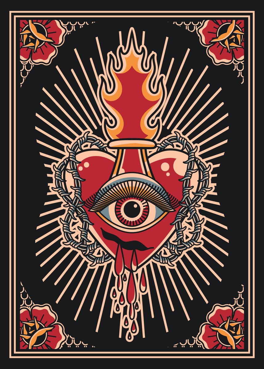 'Eye & sacred heart vintage art' Poster, picture, metal print, paint by ...