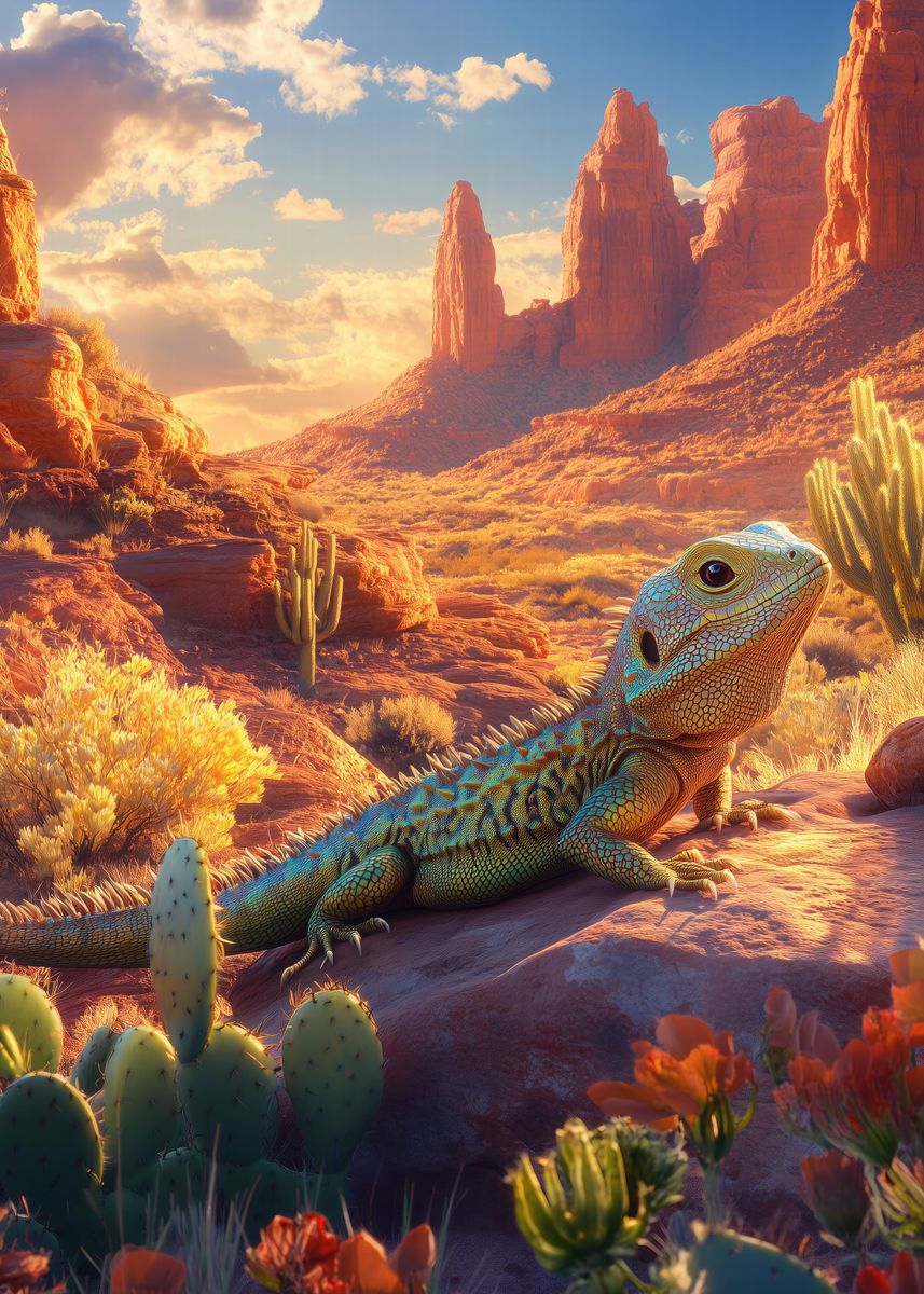 'Lizard in Desert Landscape' Poster, picture, metal print, paint by ...