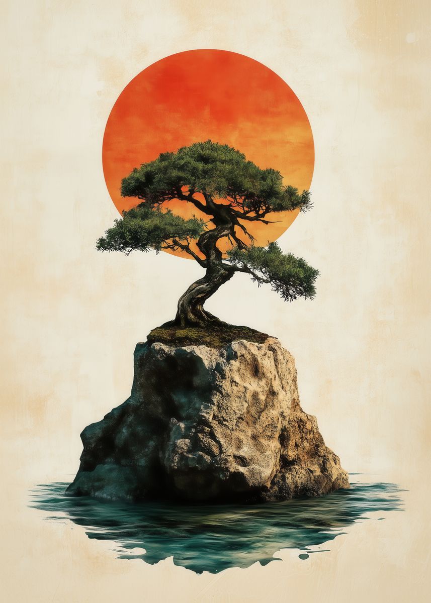 'Traditional Bonsai Tree Sunset Artwork' Poster, picture, metal print ...