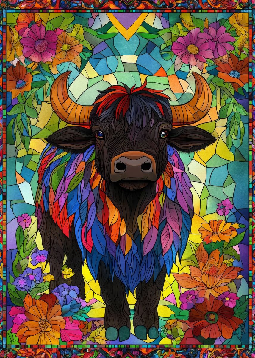 'Stained Glass Bull' Poster, picture, metal print, paint by Lily Rose ...