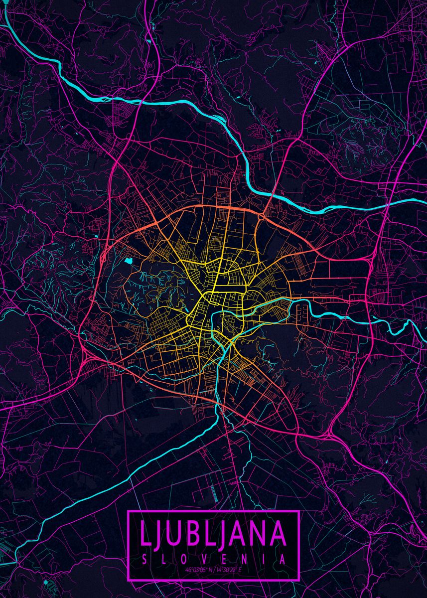 'Ljubljana City Map Slovenia Neon' Poster, picture, metal print, paint ...