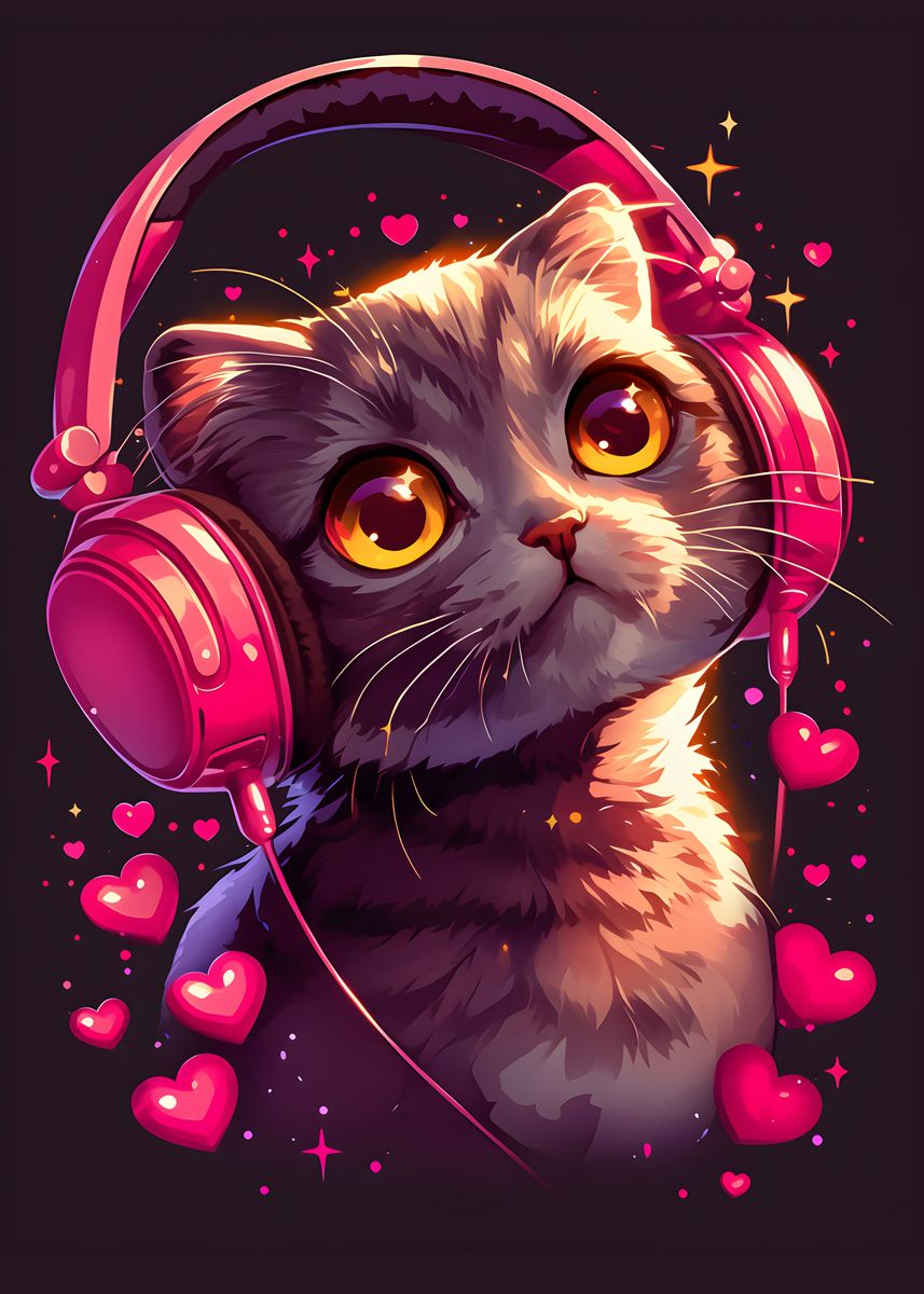 'Cute Cat with Headphones' Poster, picture, metal print, paint by ...
