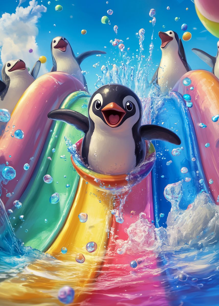 'Penguins on Water Slides' Poster, picture, metal print, paint by ...