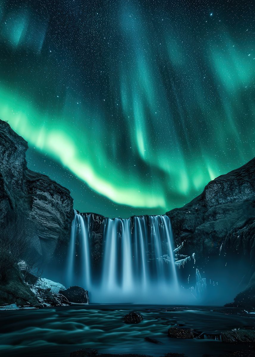 'Aurora Borealis Waterfall' Poster, picture, metal print, paint by ...
