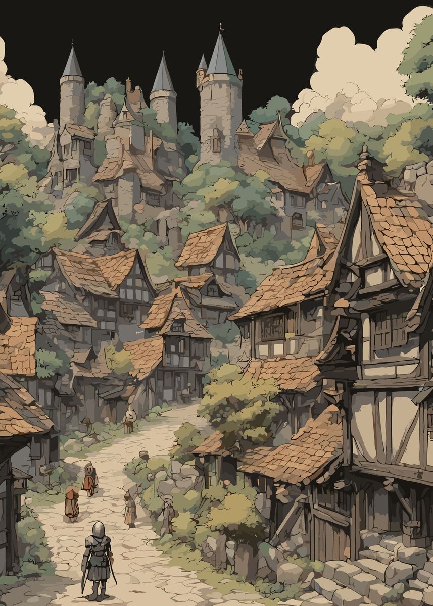 'Medieval Village Illustration' Poster, picture, metal print, paint by ...