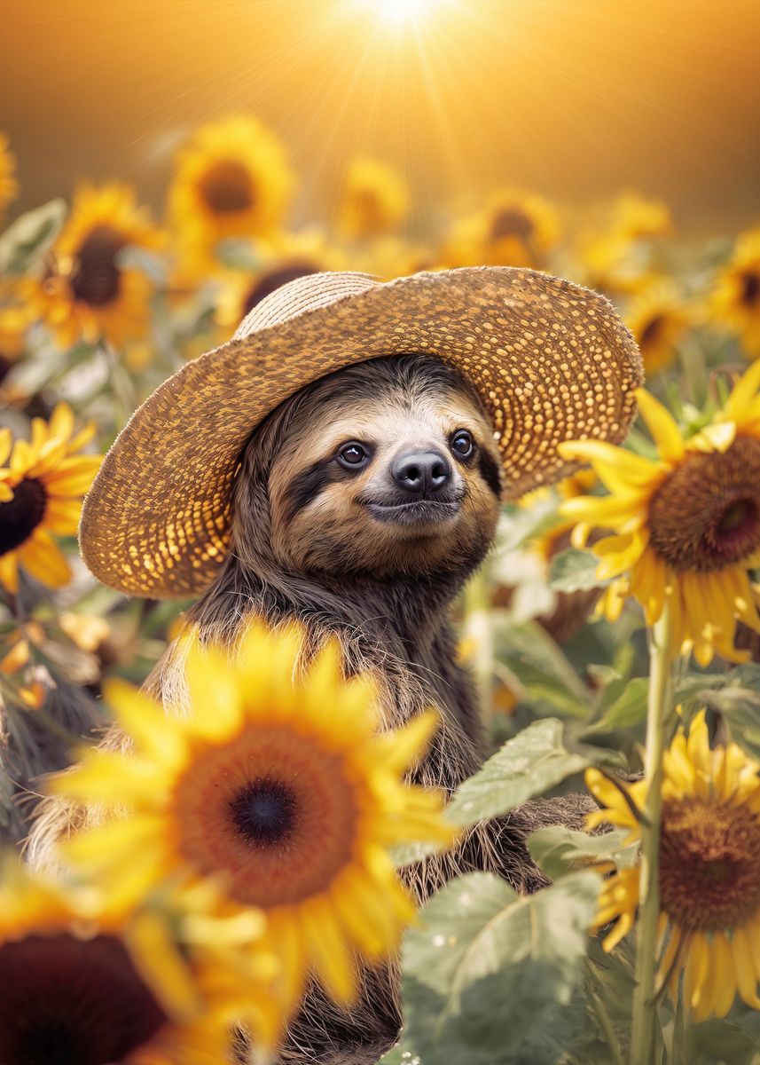 'Sloth in Sunflower Field, relax, summer, cute animal' Poster, picture ...