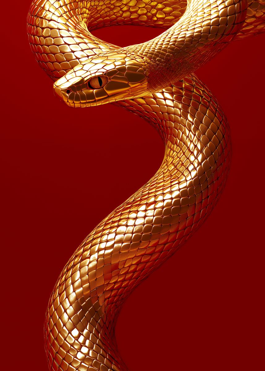 'Golden Snake on Red' Poster, picture, metal print, paint by Primitive ...