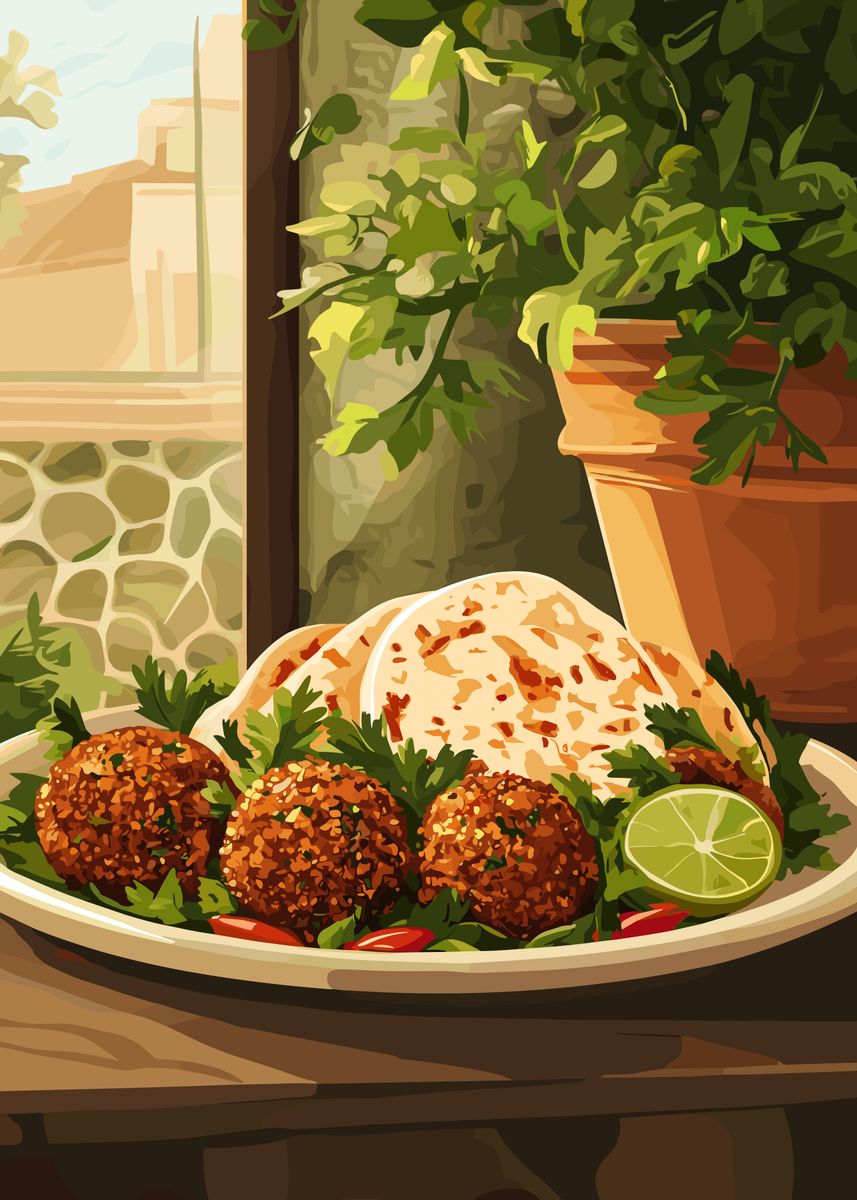 'Falafel and Pita Bread' Poster, picture, metal print, paint by Mason Clark | Displate