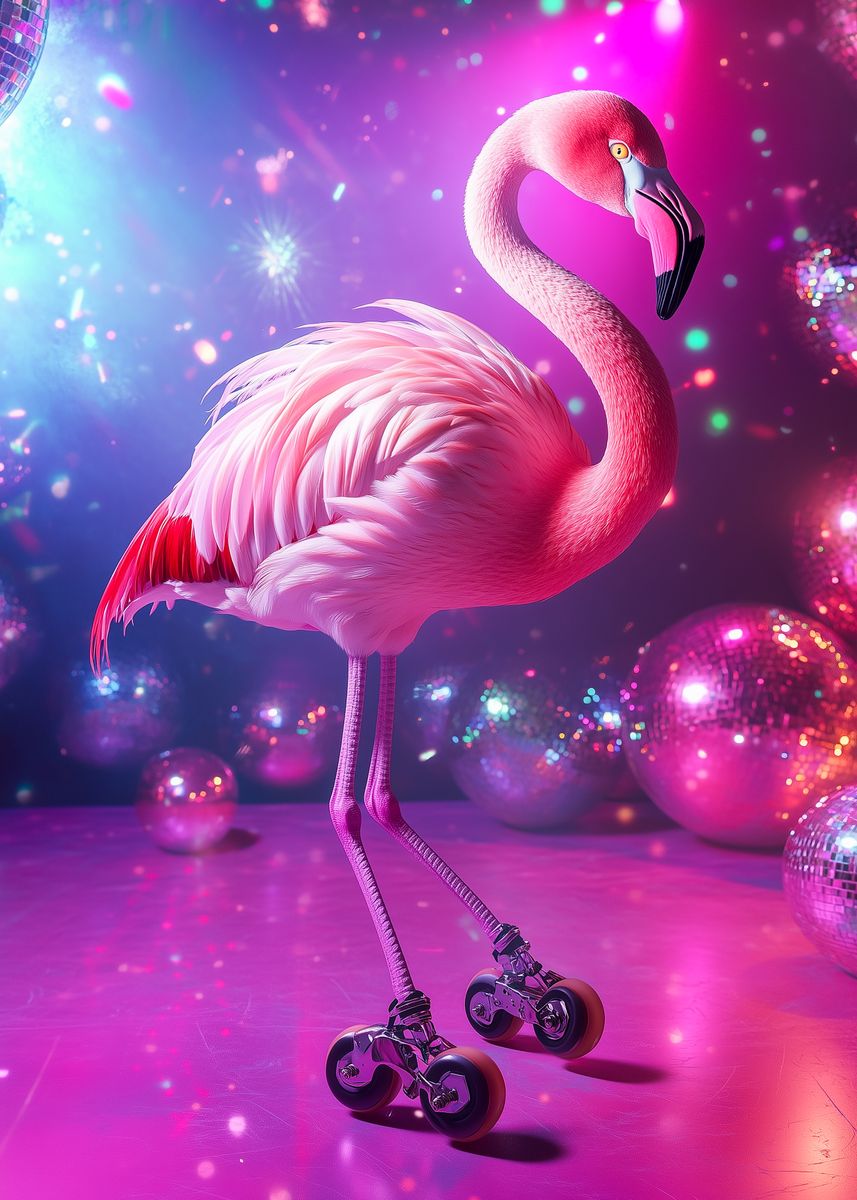 'Flamingo Roller Skating' Poster, picture, metal print, paint by ...