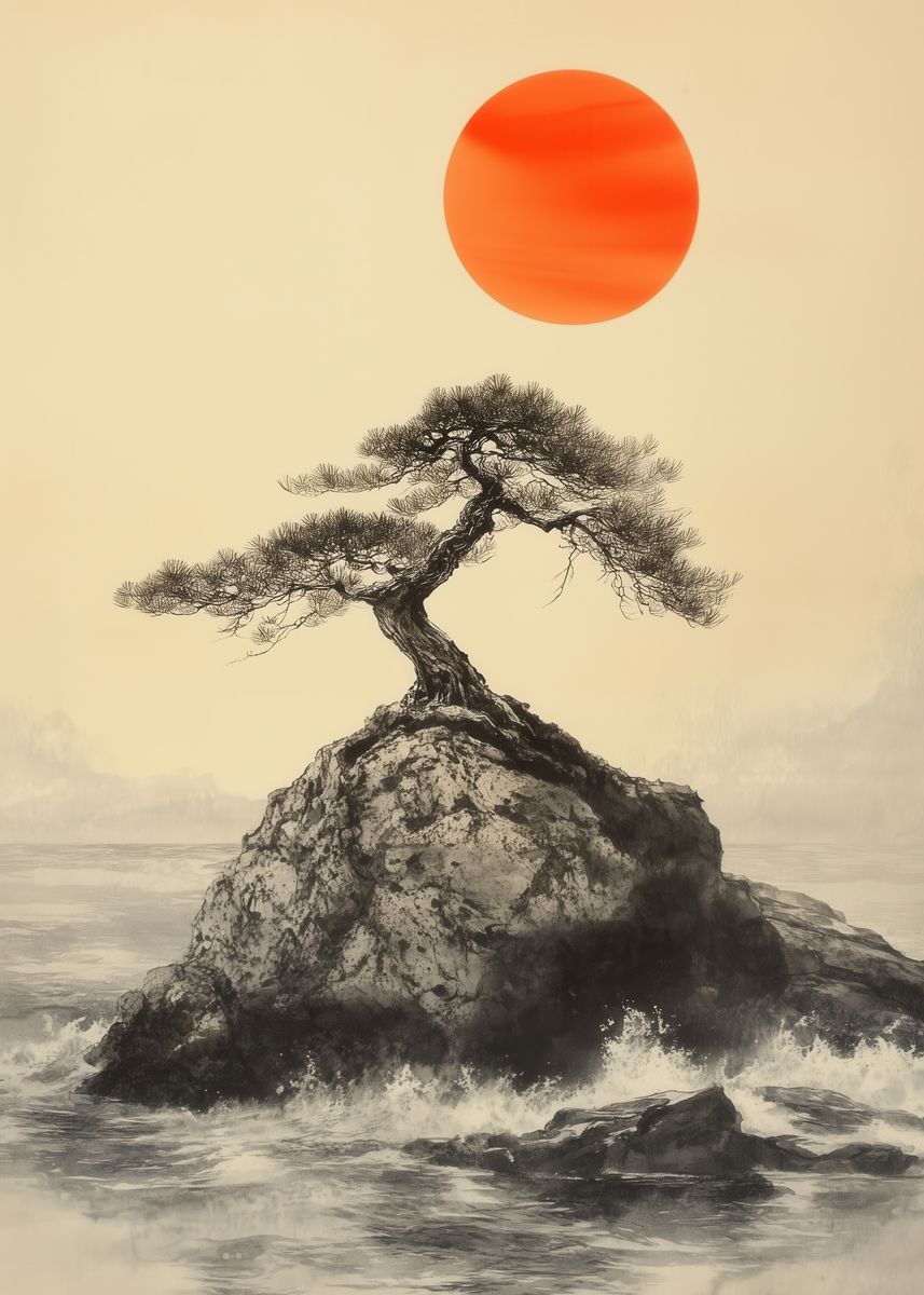 'Japanese Lone Bonsai Tree and Red Sun' Poster, picture, metal print ...