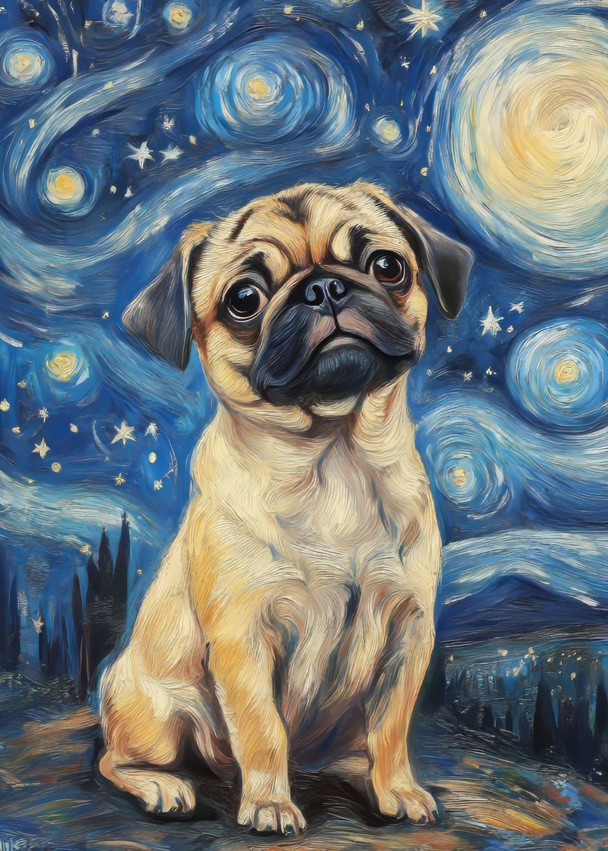 'Pug in Starry Night' Poster, picture, metal print, paint by Tollaru ...