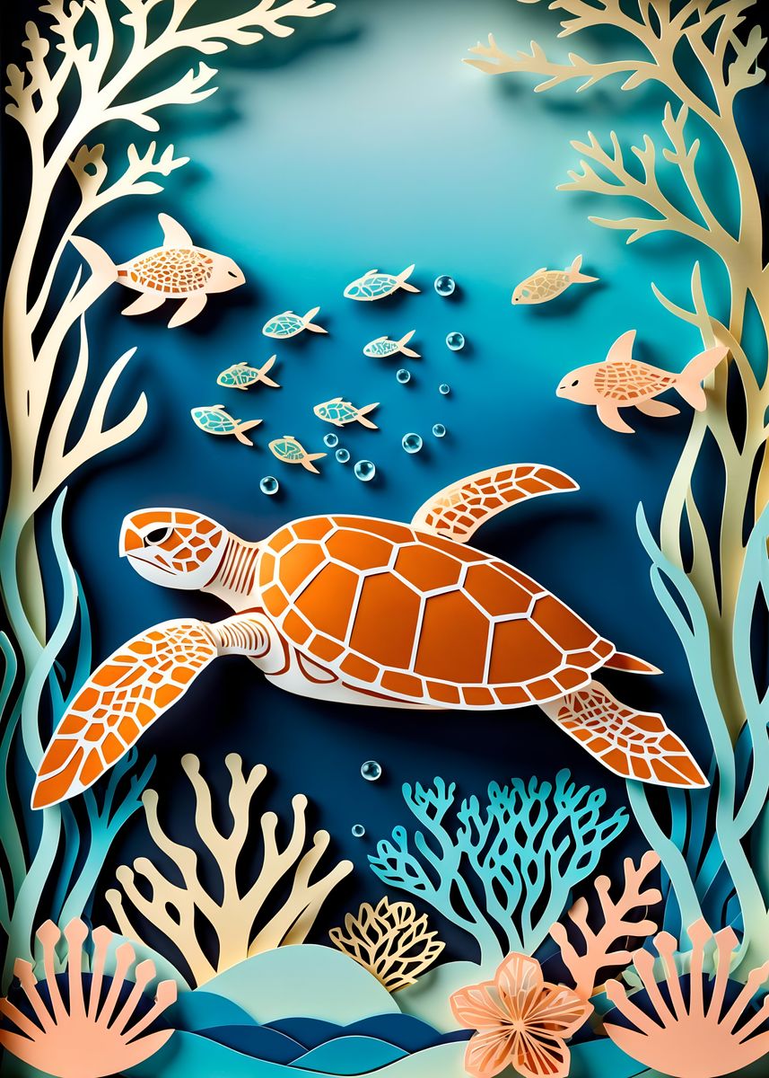 'Papercut Sea Turtle' Poster, picture, metal print, paint by ...