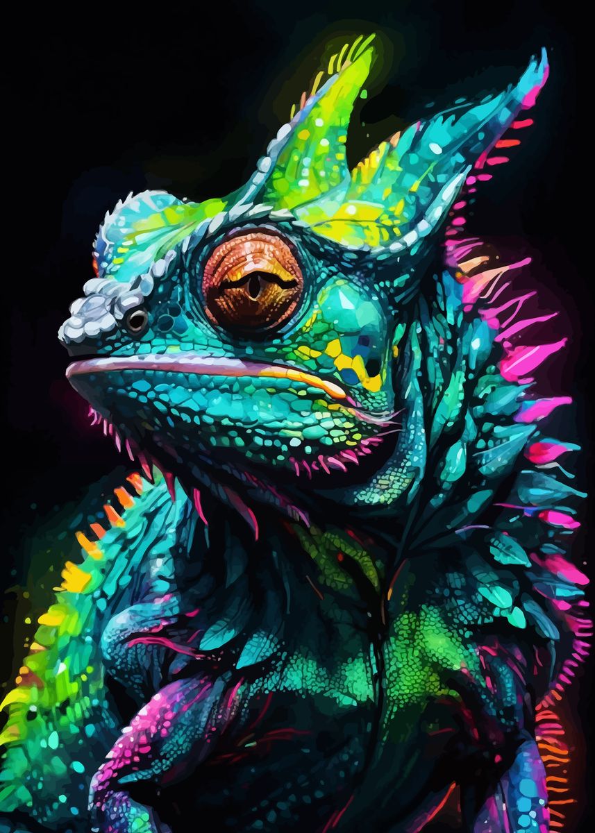'Neon Chameleon Portrait' Poster, picture, metal print, paint by ...