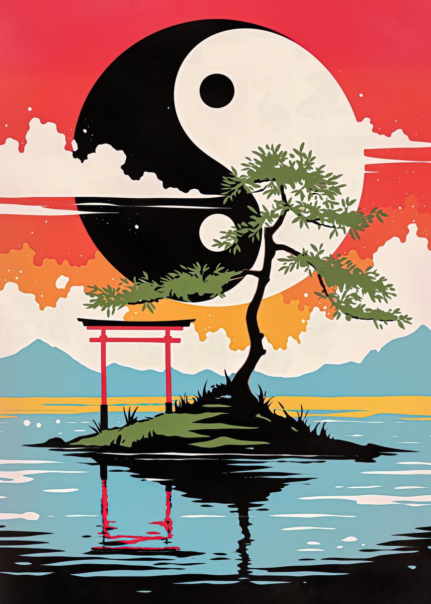 'Yin Yang Tree and Torii Gate' Poster, picture, metal print, paint by ...