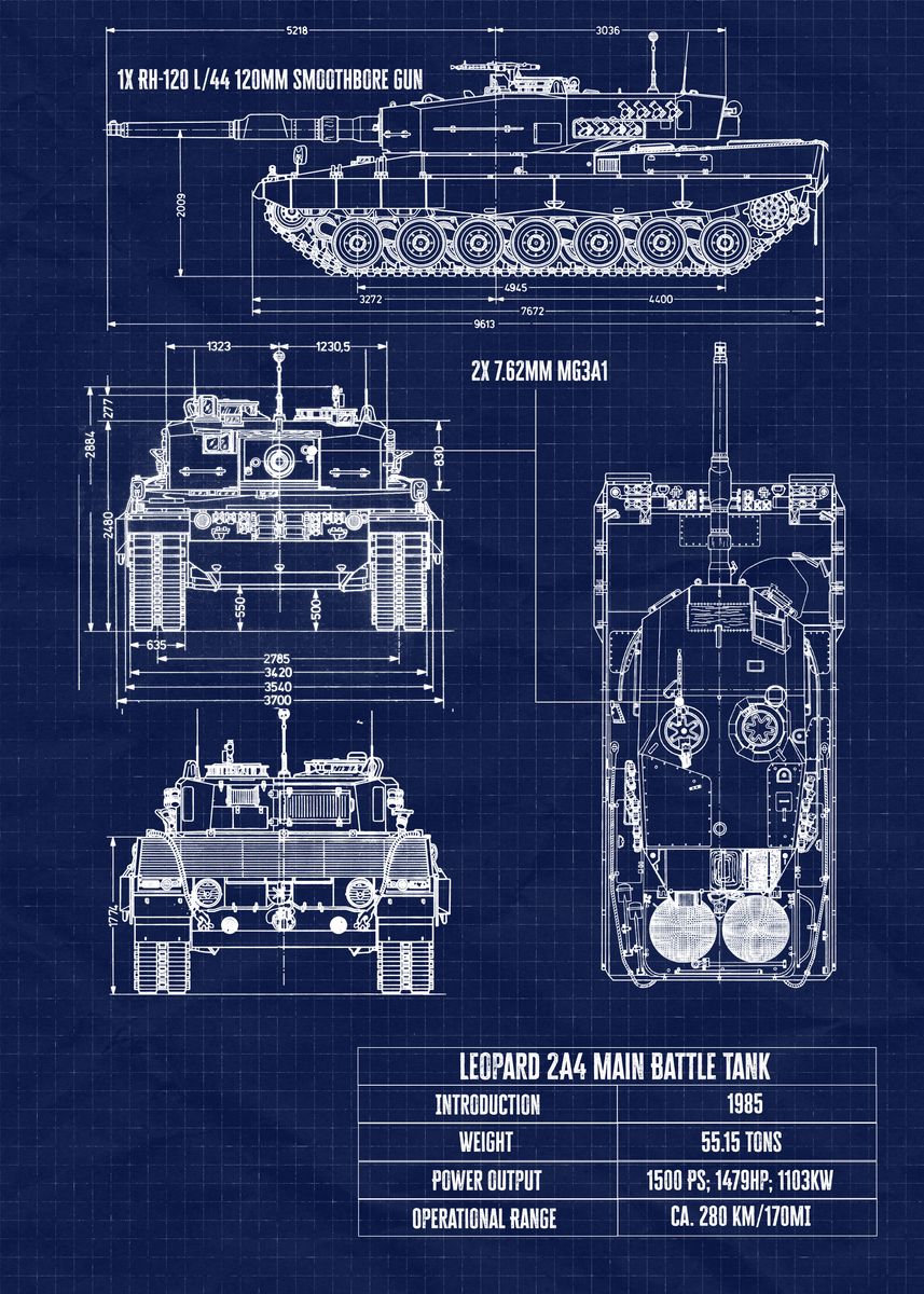 'Leopard 2A4 Tank Blueprint' Poster, picture, metal print, paint by ...