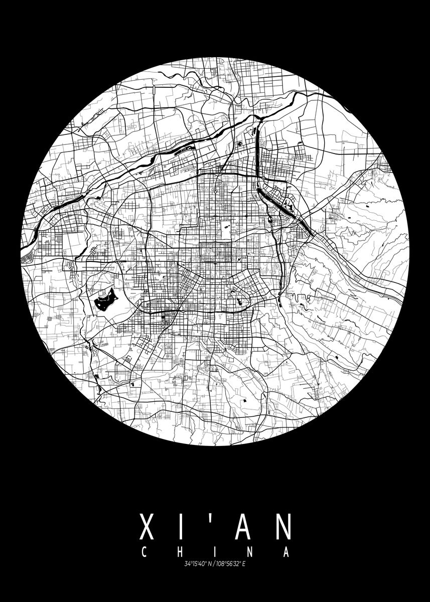 'Xian City Map China Moon' Poster, picture, metal print, paint by deMAP ...