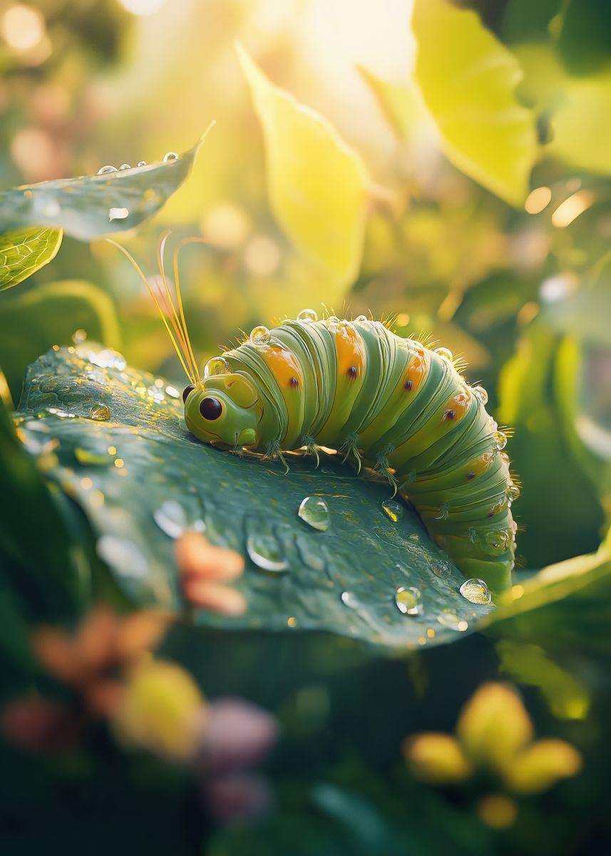 'Green Caterpillar on Leaf' Poster, picture, metal print, paint by ...