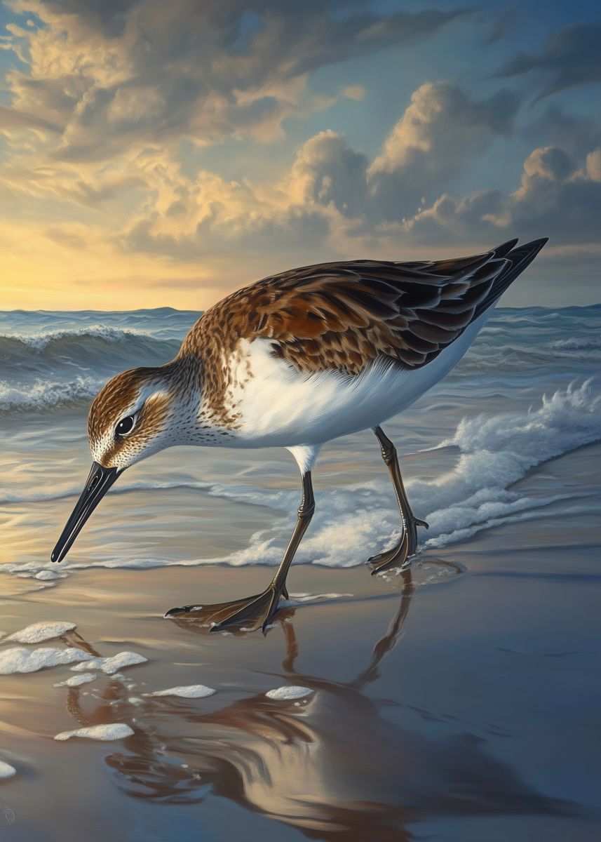 'Dunlin at Sunset' Poster, picture, metal print, paint by Rawbin | Displate