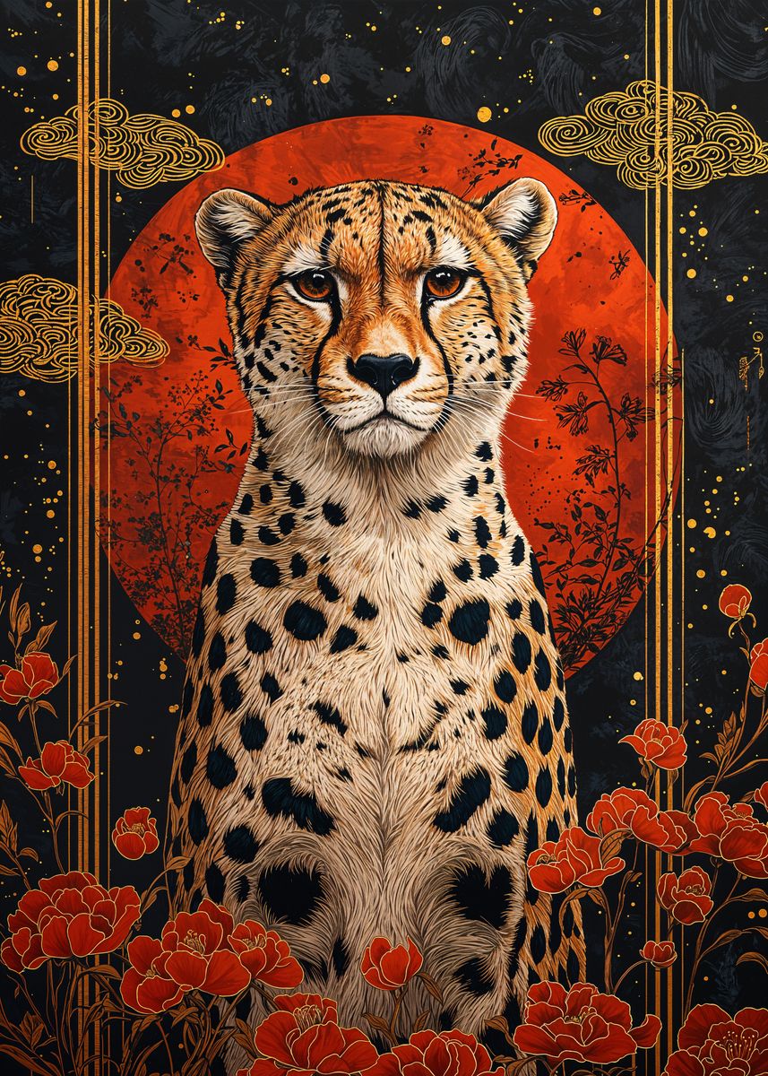 'Cheetah in Red Moon' Poster, picture, metal print, paint by SuperNova ...