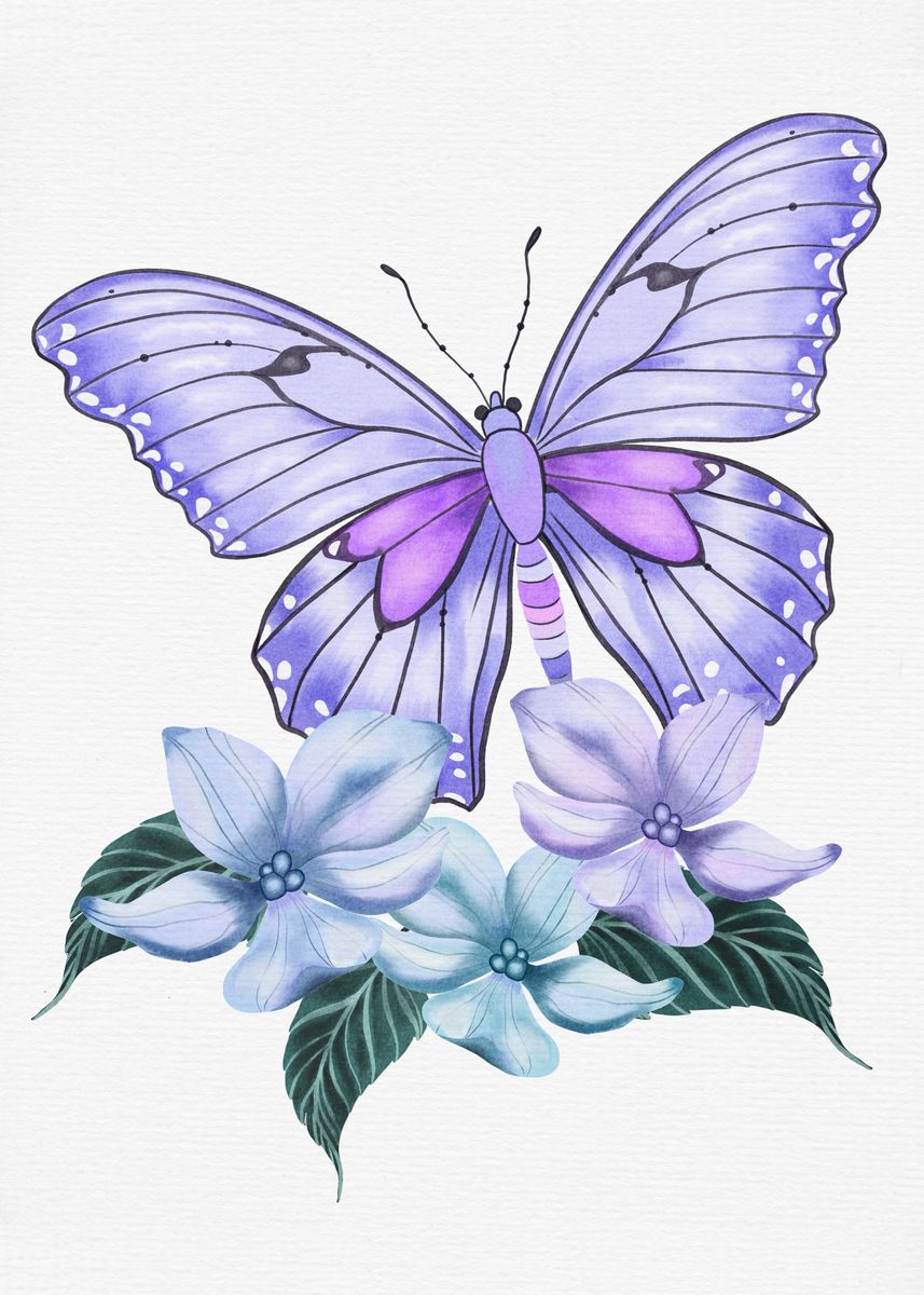 'Purple Butterfly and Flowers' Poster, picture, metal print, paint by ...