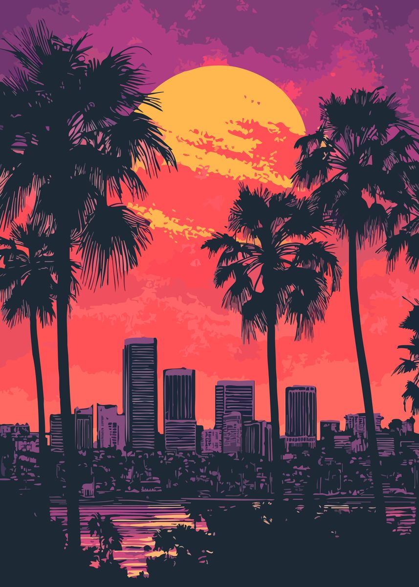 '80s Synth Vibe City Sunset Art' Poster, picture, metal print, paint by ...