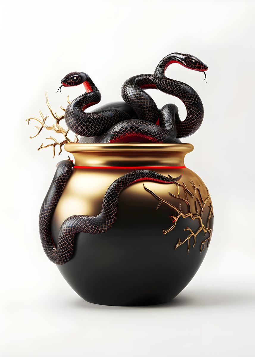'Black Snakes on Golden Pot' Poster, picture, metal print, paint by ...