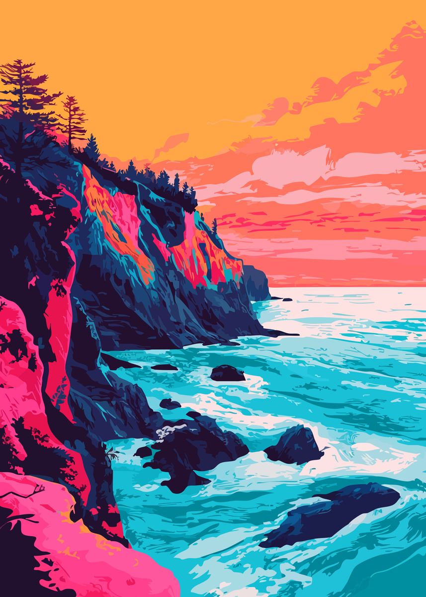 'Retro Vibe Oregon Coast Illustration' Poster, picture, metal print ...