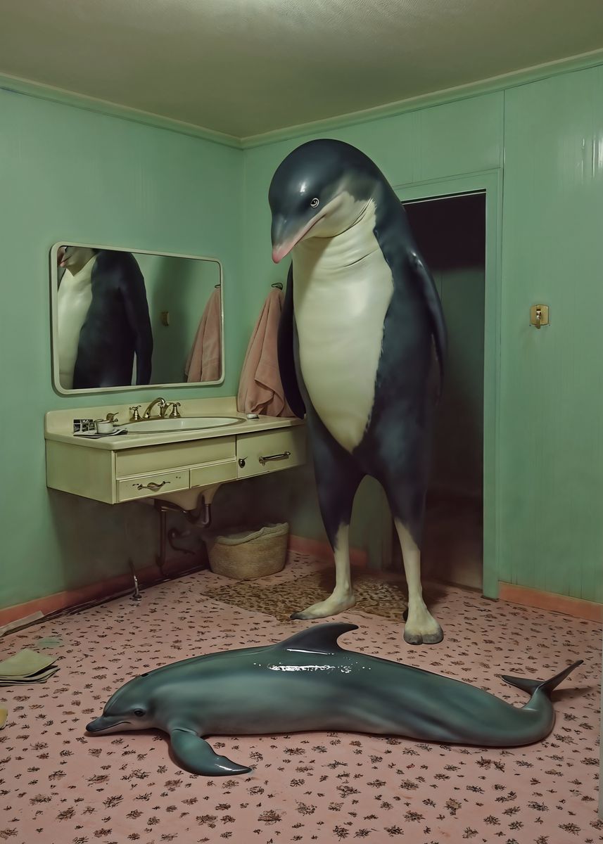 'Penguin and Dolphin in Bathroom' Poster, picture, metal print, paint ...