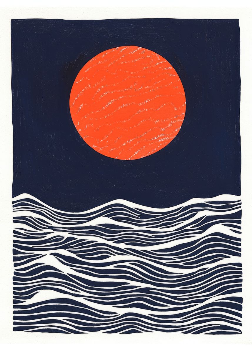 'Red Sun Over Waves Minimalist Sunset Art' Poster, picture, metal print ...