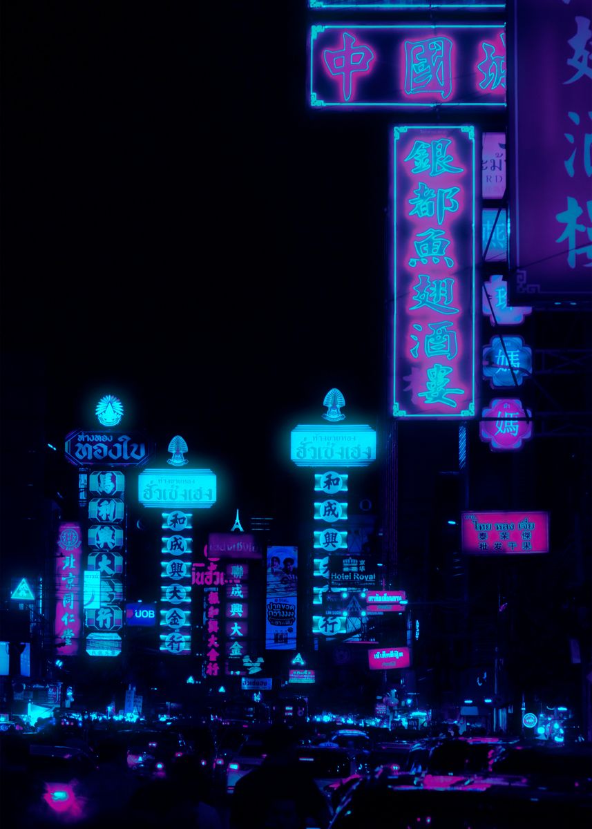 'Dark City with Neon Signs' Poster, picture, metal print, paint by ...