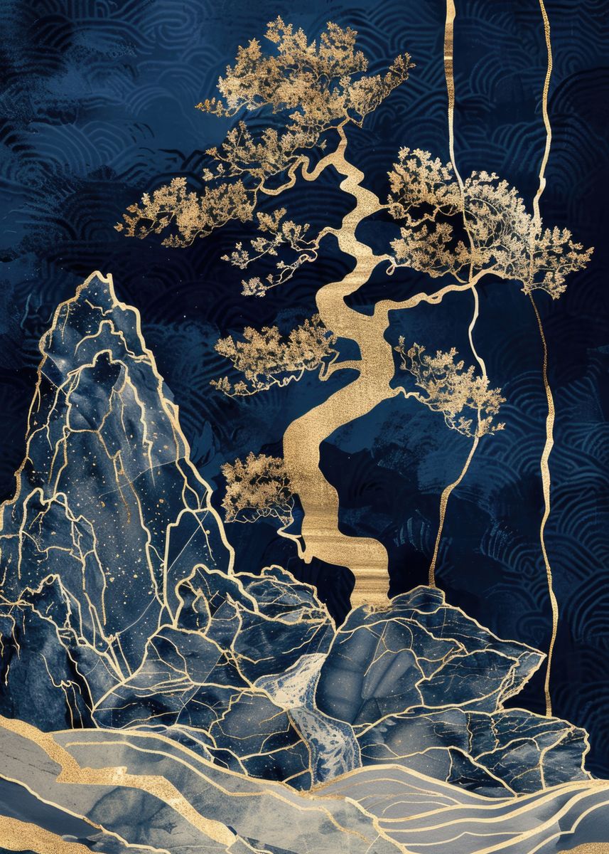 'Gold & Blue Kintsugi Mountain Art' Poster, picture, metal print, paint ...