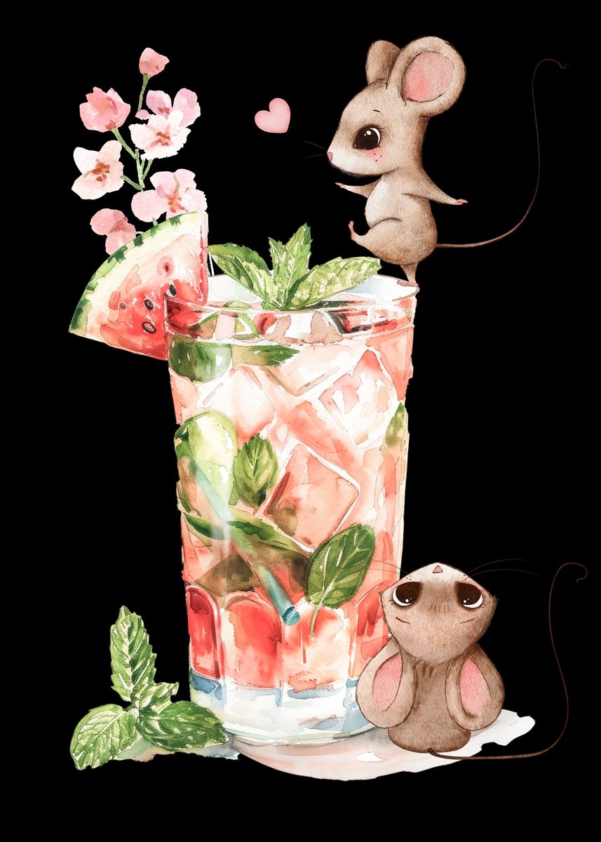 'Cute Mice & Watermelon Mojito Drink' Poster, picture, metal print ...