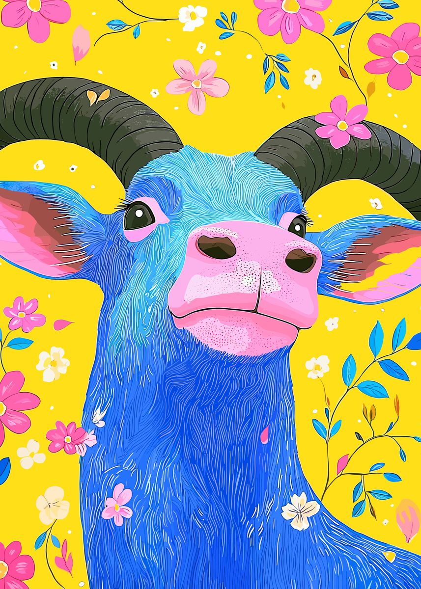 'Vibrant Goat with Floral Background' Poster, picture, metal print ...