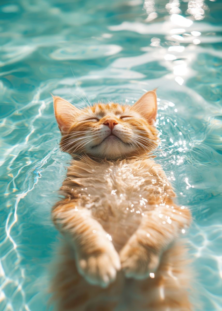 'Cat Swimming in Pool' Poster, picture, metal print, paint by Jan ...