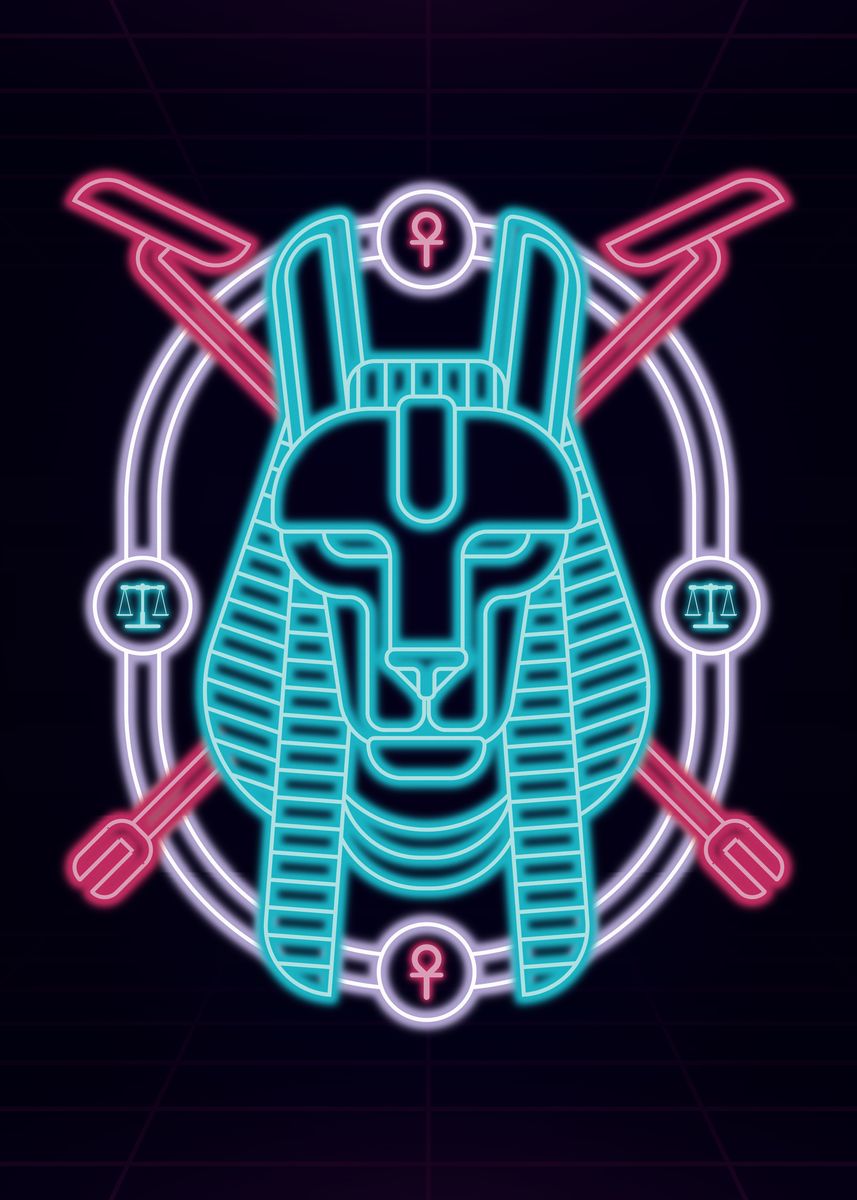 'Anubis Retrowave Neon line ' Poster, picture, metal print, paint by ...