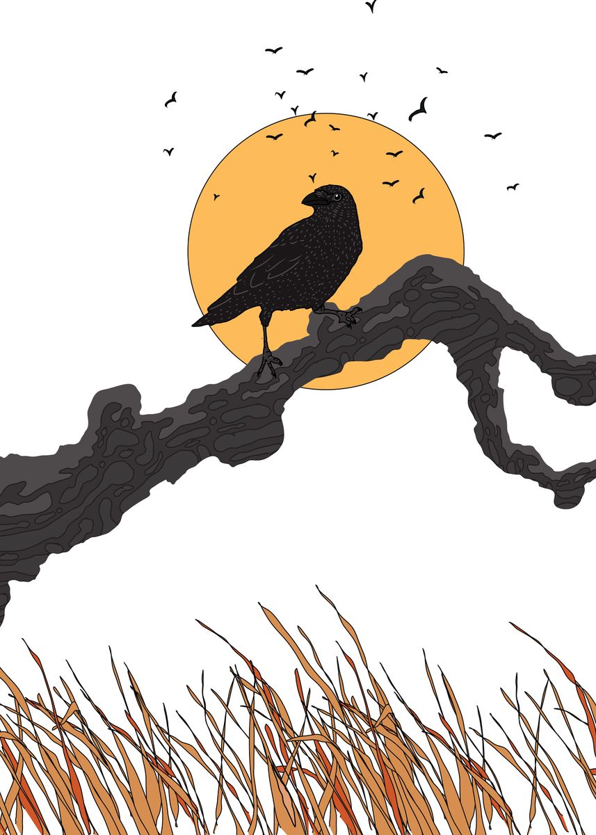 'Crow on Branch with Sunset' Poster, picture, metal print, paint by ...