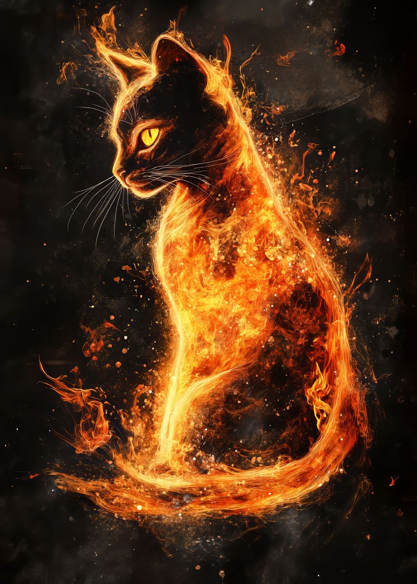 'Fiery Cat in Flames' Poster, picture, metal print, paint by Frank ...