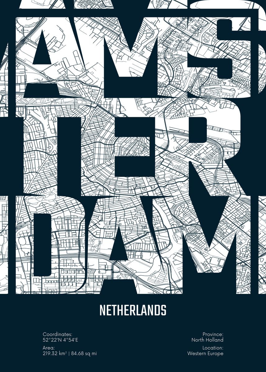 'Amsterdam Map Typography' Poster, picture, metal print, paint by ...